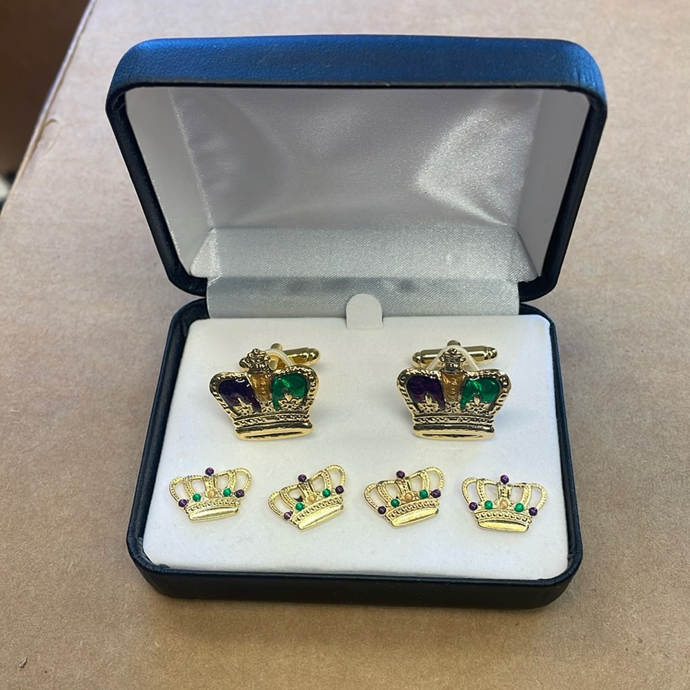 Mardi Gras Colored Crowns Studs And Cufflinks Gold Tr… - Gem